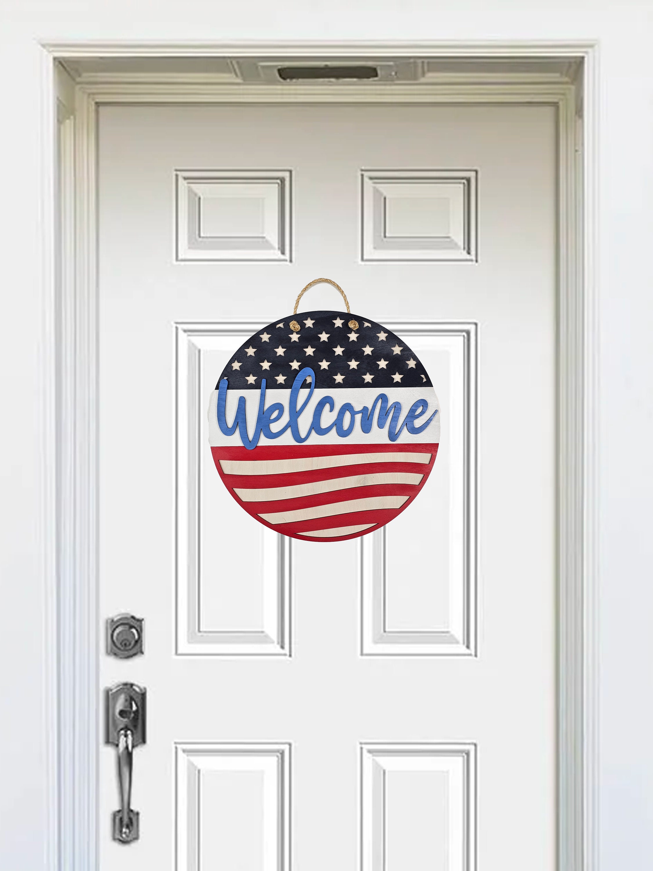 Patriotic Welcome Sign Door Hanger American Flag Wooden Sign Door Decor ...