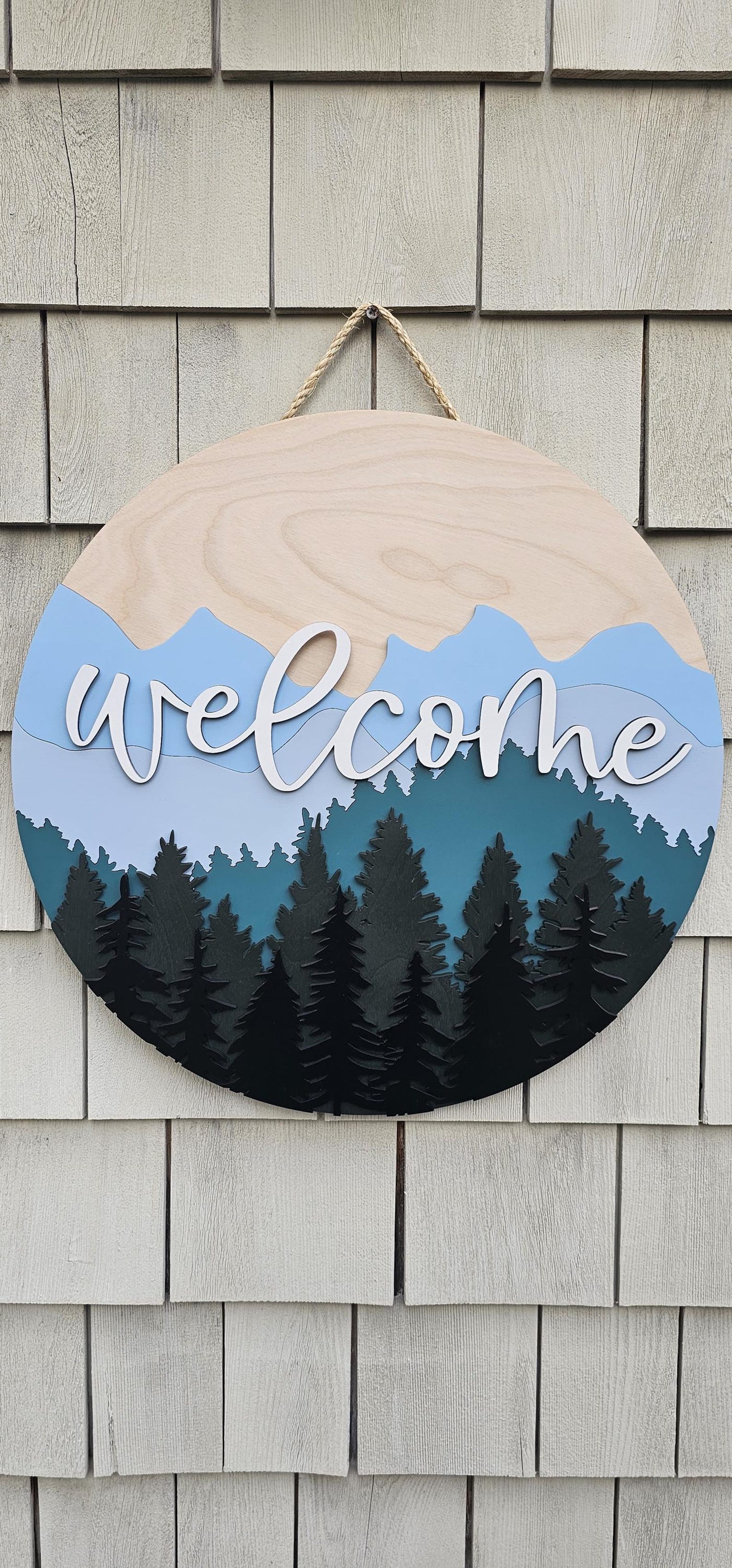 Mountain Scene Welcome Sign | Birch Wood Door Hanger | 16 Inch and 18 ...