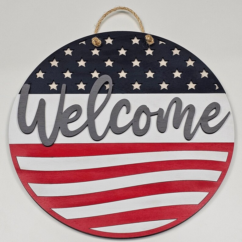 Patriotic Welcome Sign Door Hanger American Flag Wooden Sign Door Decor ...