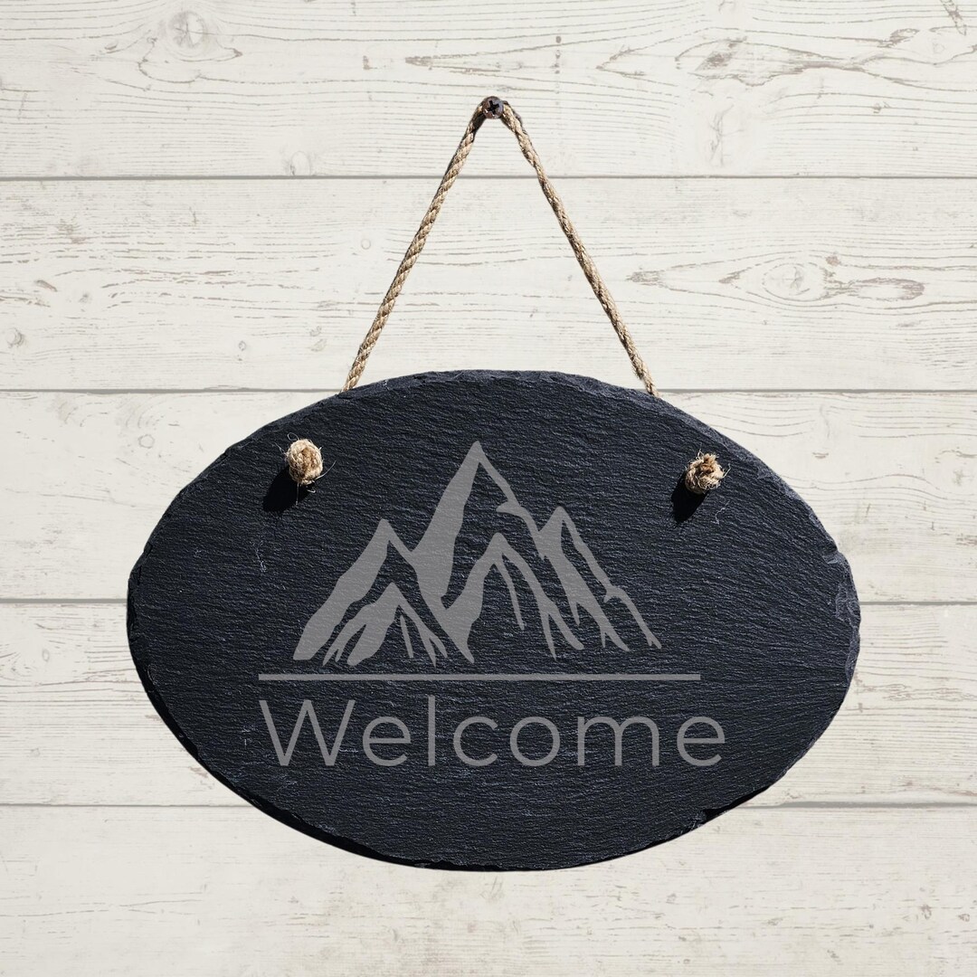 Mountain Welcome Slate Sign – Custom Engraved Oval Door Plaque - Etsy