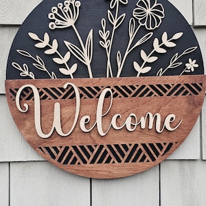 Personalized Floral Welcome Sign: Custom Wood Door Hanger, 16 + 18 Inch ...