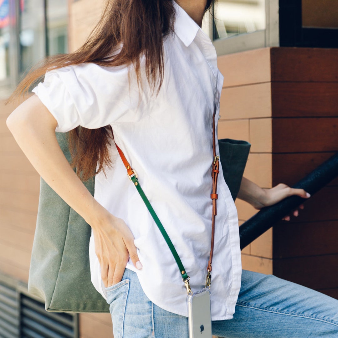 Handmade Leather Phone Strap Cognac Green Black Phone Necklace, Dyed ...