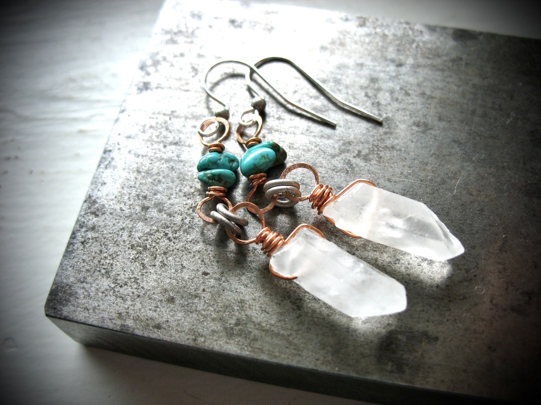 Turquoise Quartz Crystal Point Gemstone Silver Copper Earrings Jewelry ...