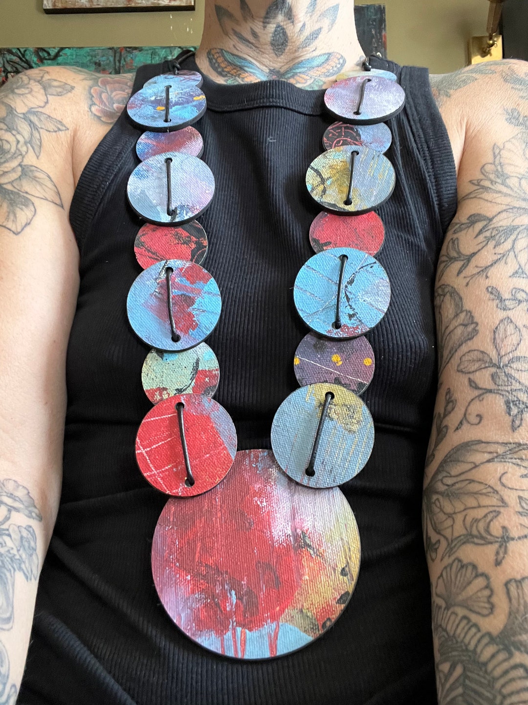 A Bold Statement Necklace of Circles and Handpainted Canvas - Etsy