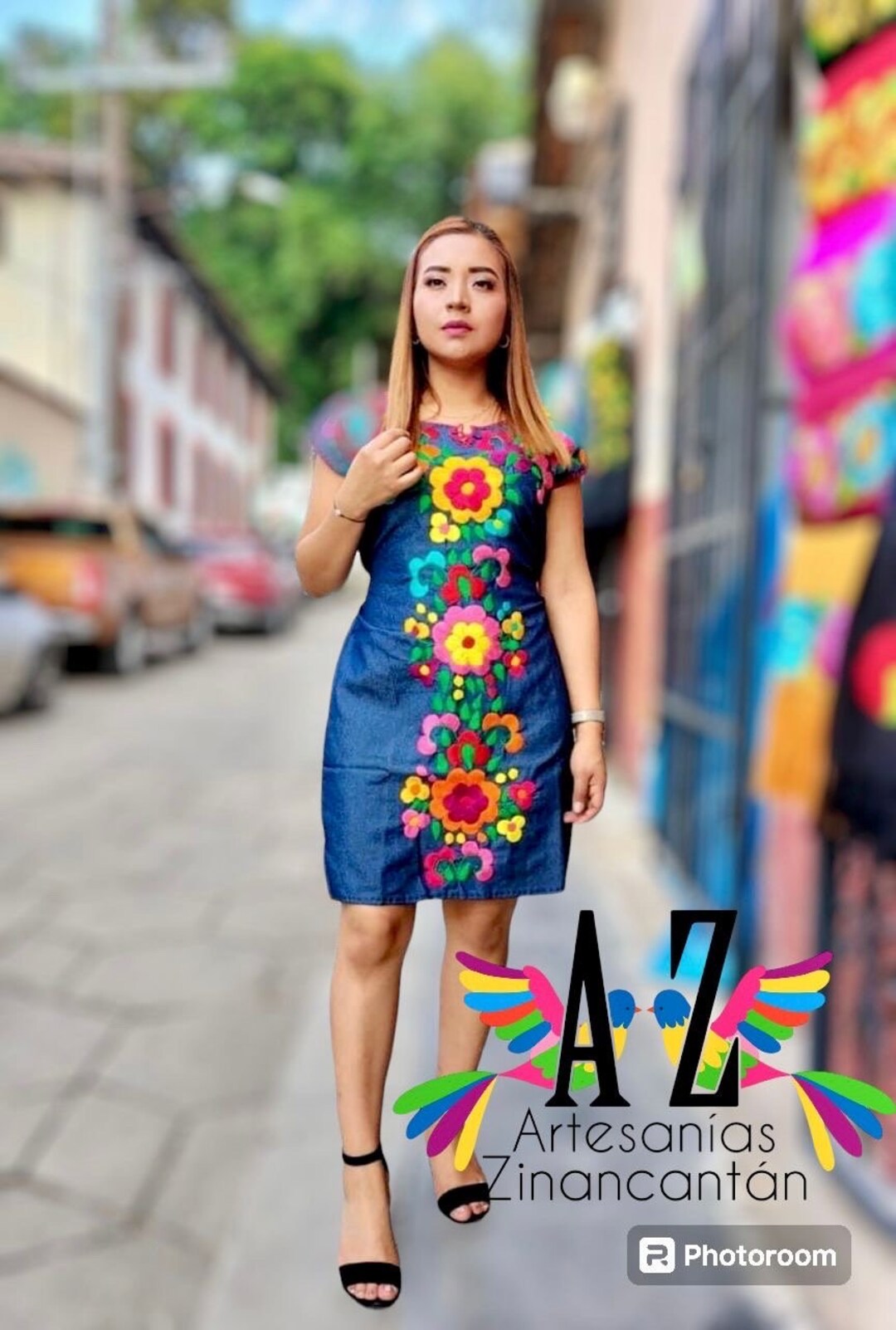 Mexican Floral Dress, Cool Denim Mexican Dress, Hand Embroidered Mexican Dress, Mexican Floral ...