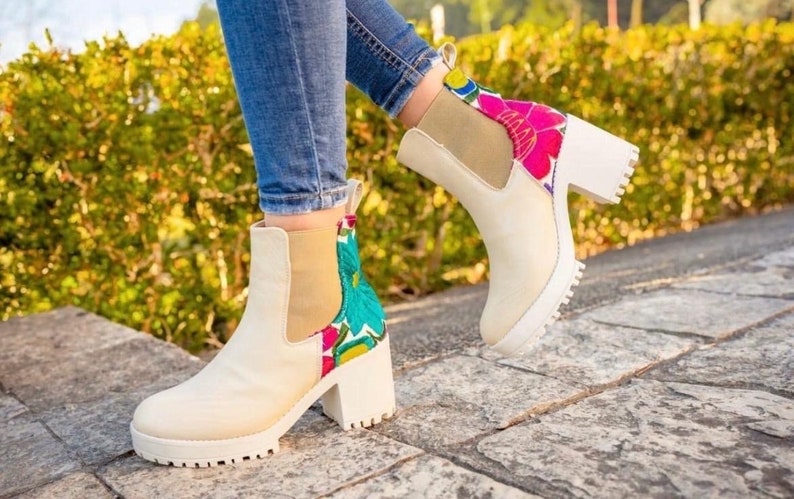 Goat Leather Wedge Boots for Women. Boots With Mexican Textiles. Boho ...