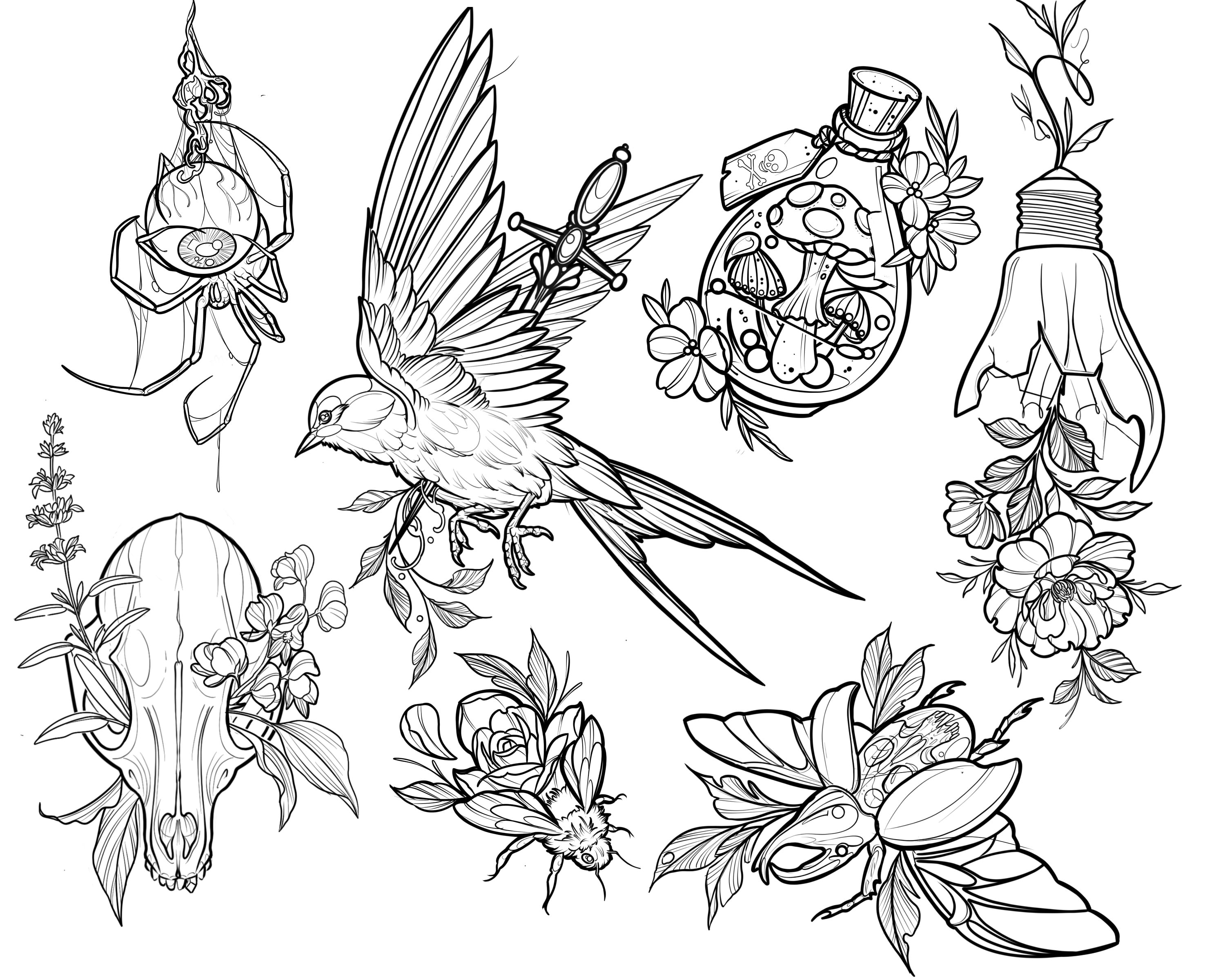 7 High-quality Tattoo Flash Designs - Stencil Ready Digital Downloads ...