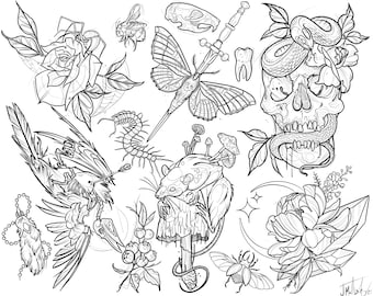 10 High-quality Tattoo Flash Designs - Stencil Ready Digital Downloads ...