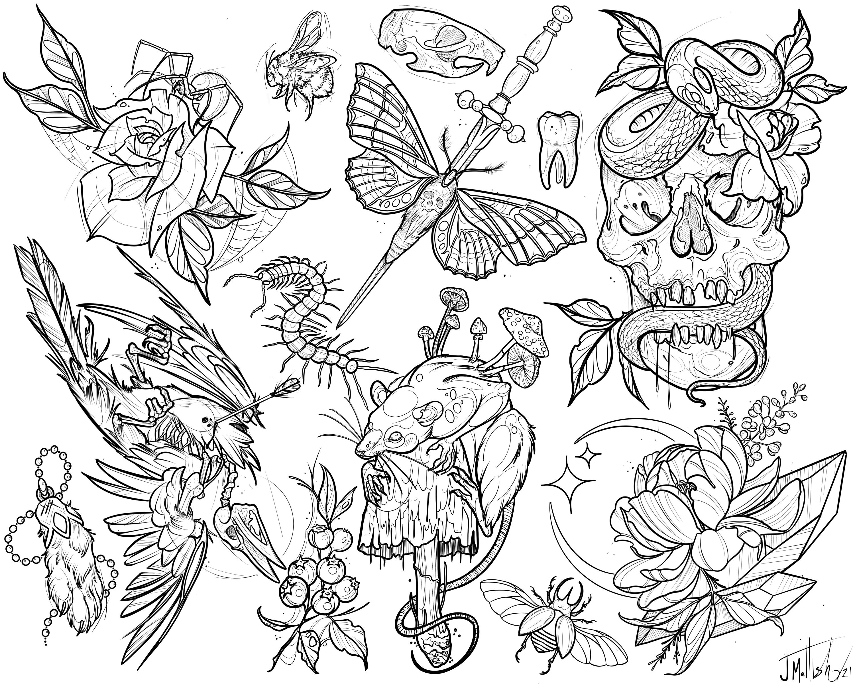13 High-quality Tattoo Flash Designs - Stencil Ready Digital Downloads ...