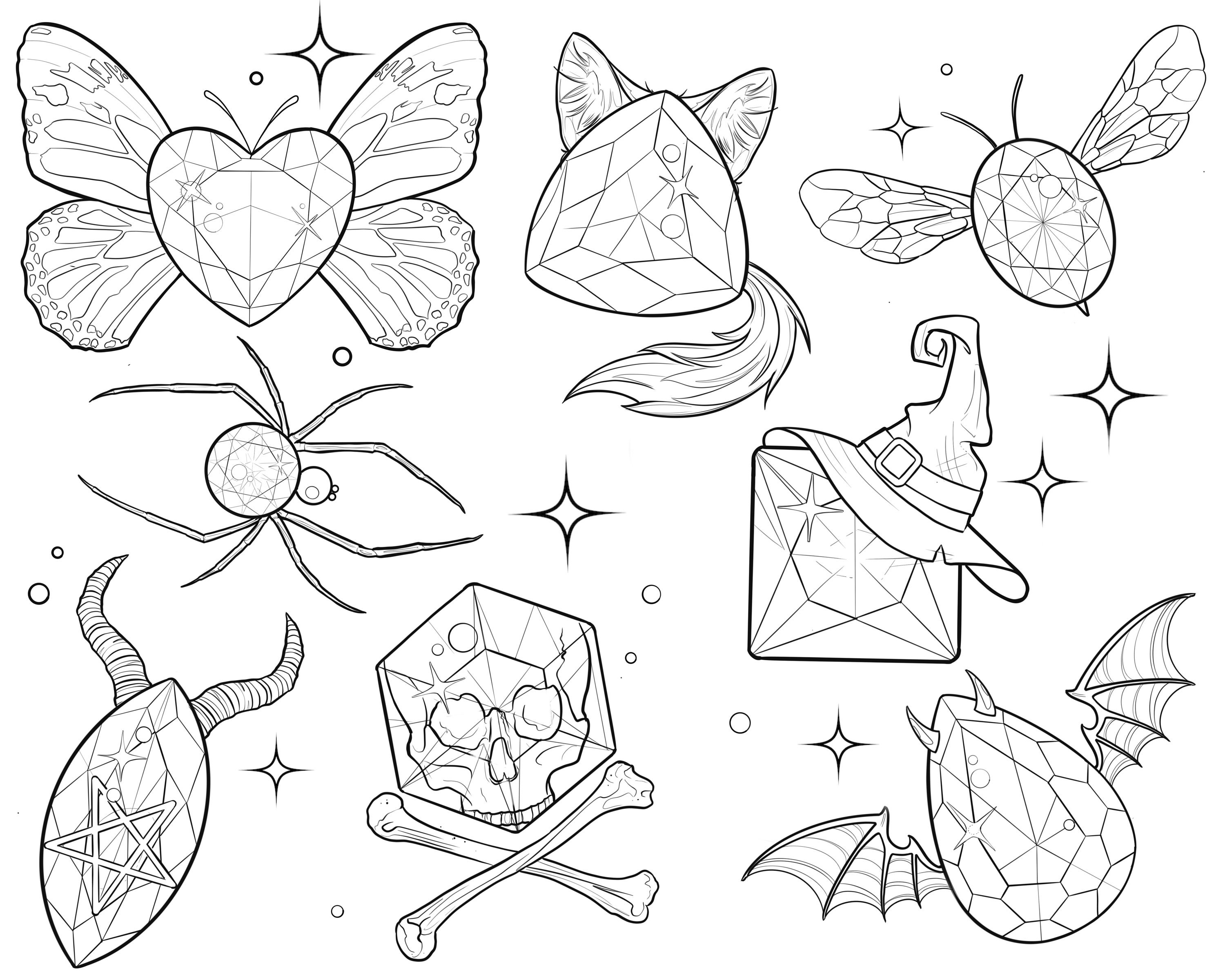 8 High-quality Tattoo Flash Designs - Stencil Ready Digital Downloads ...