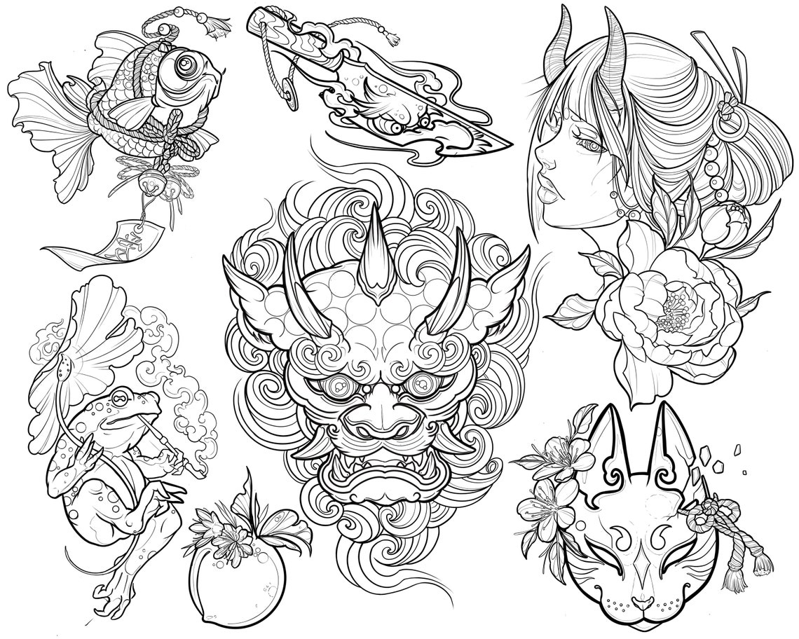 7 High-quality Tattoo Flash Designs - Stencil Ready Digital Downloads ...