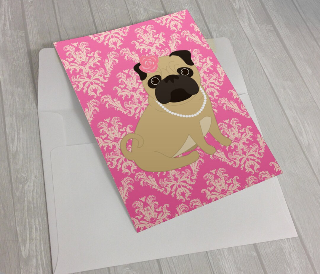 Pug Greeting Card - Fawn Pug Greeting Card - Pug in Pearls Greeting ...