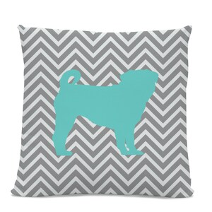 Chevron Teal Pug Pillow - Pug Silhouette Pillow - Gray Chevron Pillow ...