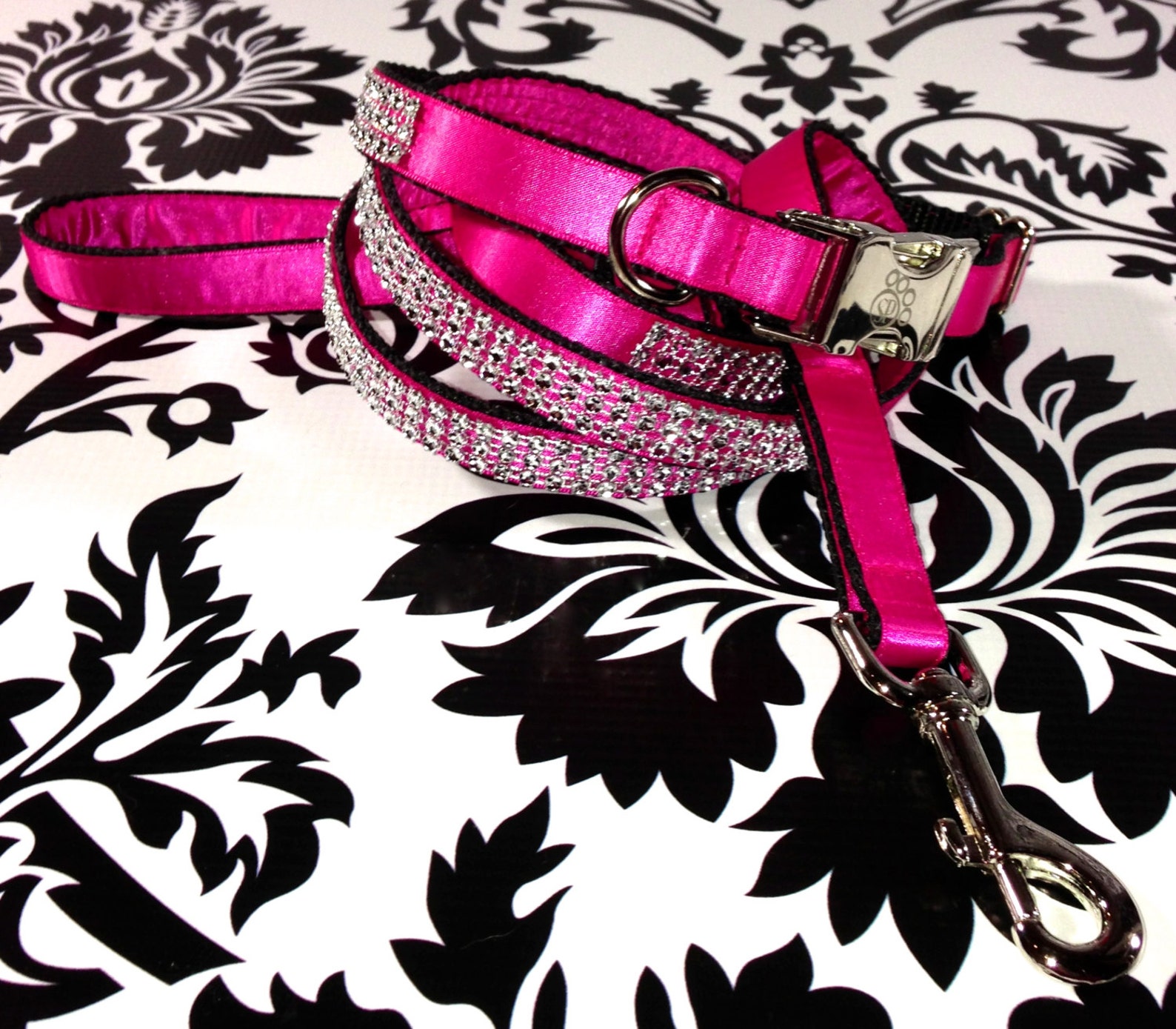 Pink Satin Bling Dog Collar and Leash Set - Sparkly Collar and Leash ...