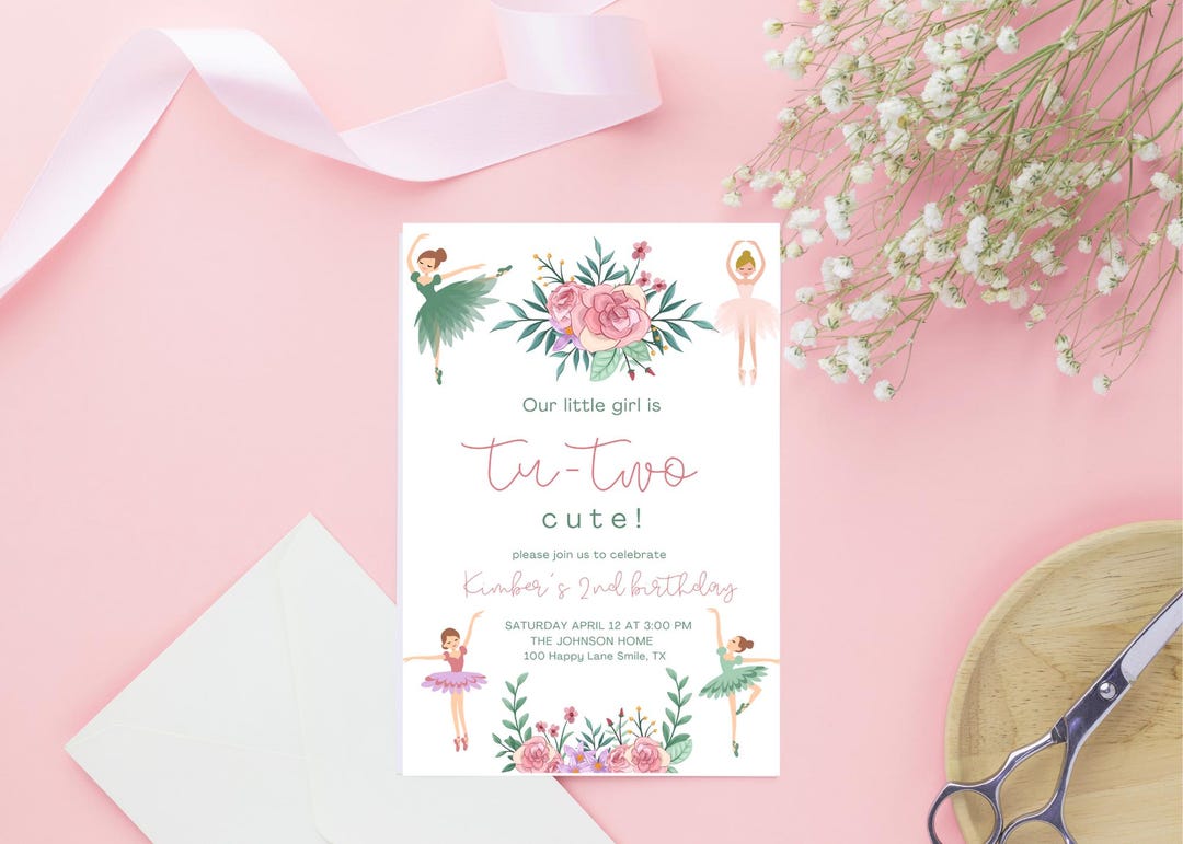 Tu-two Cute Birthday Invitation Template, Girls 2nd Birthday, Ballerina ...