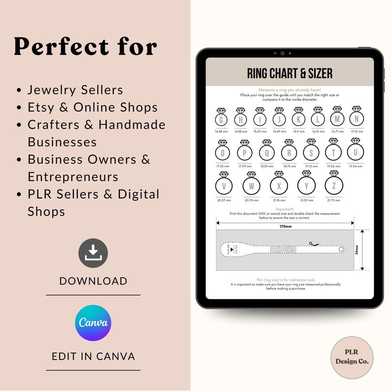 Ring Size Chart & Sizer | Editable Canva Template | PLR Included ...