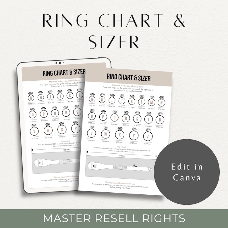 Printable Ring Sizer Chart | Editable in Canva | MRR Included | Sell on Etsy | Jewelry Sizer ...