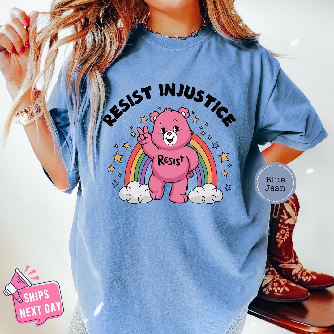 Resist Injustice Rainbow Shirt, Retro Bear Protest Shirt, Bear Graphic ...