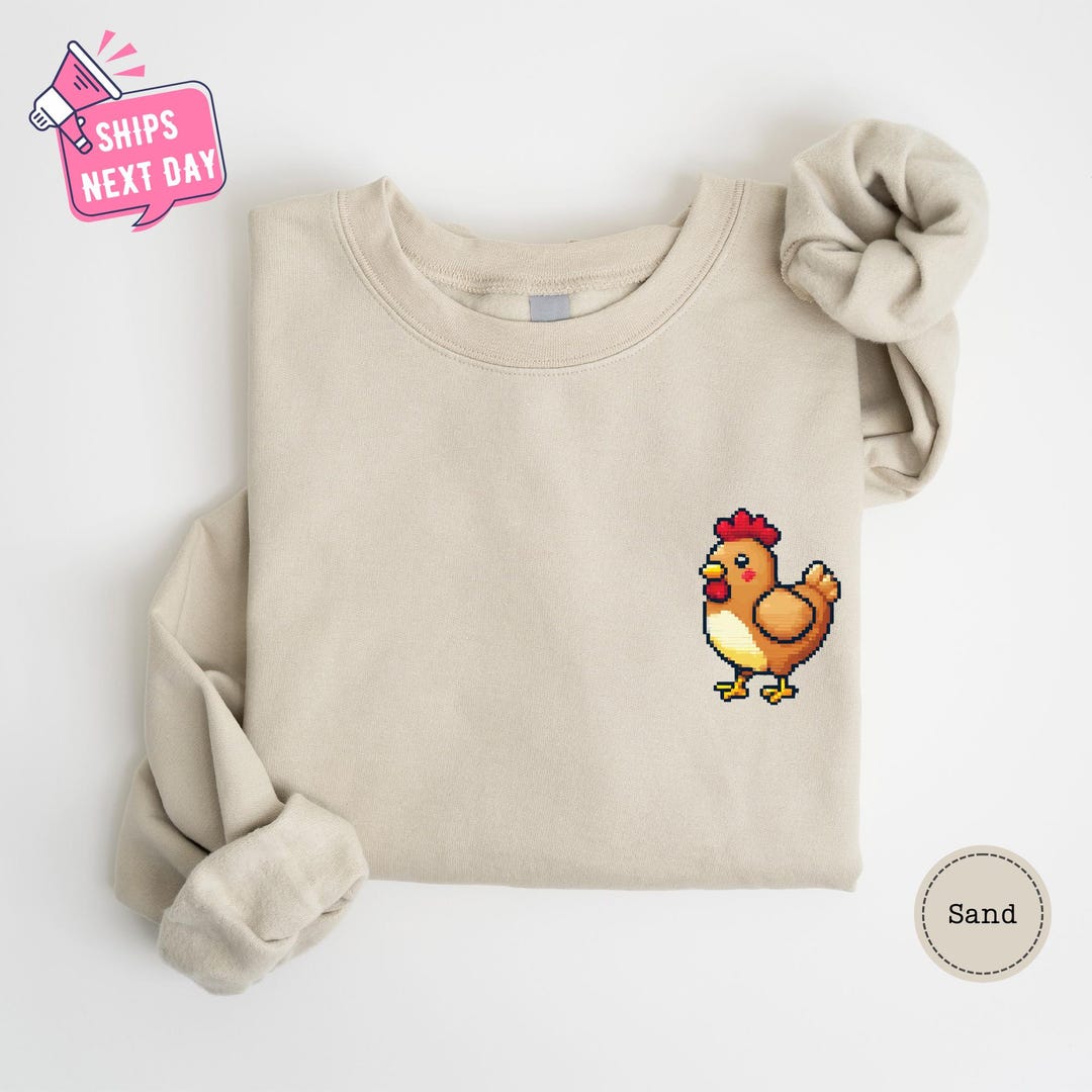Cute Pocket Pixelated Chicken Sweatshirt, Pixel Chicken Graphic Hoodie ...