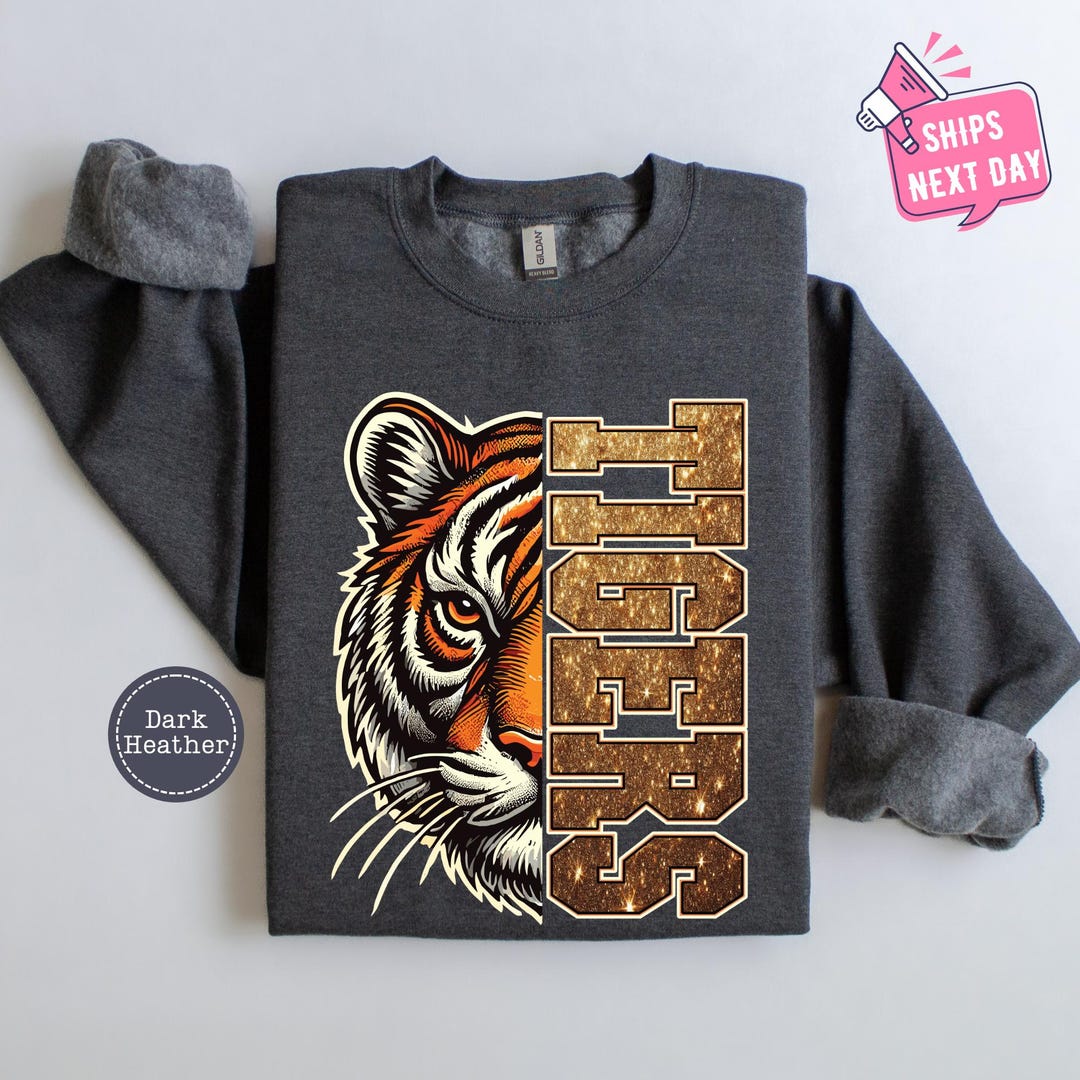 Game Day Tigers Glitter Sweatshirt, Tigers School Spirit Wear, Vintage Tiger Mascot Crewneck, Go ...