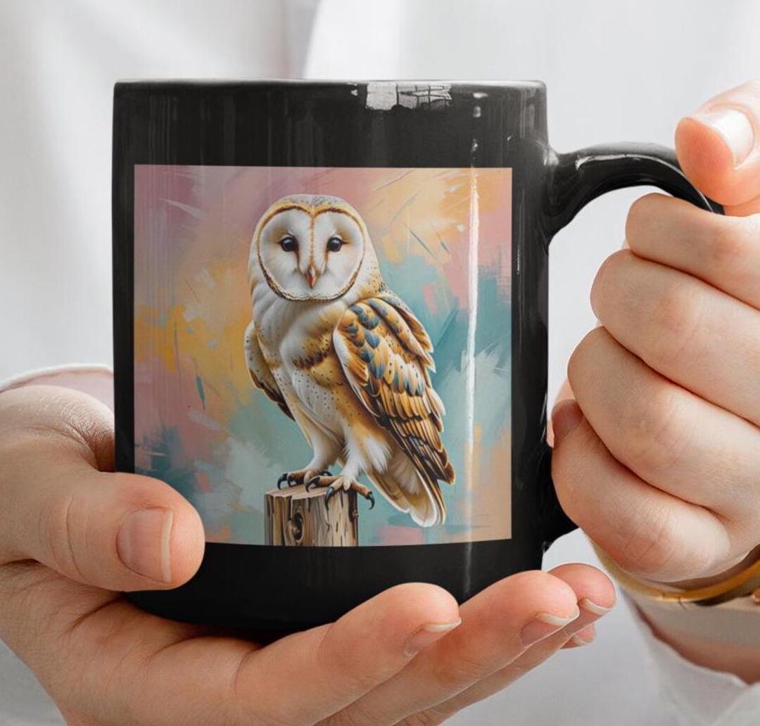 Barn Owl With Watercolor Backdrop on a Black Mug (11oz, 15oz). Gift ...