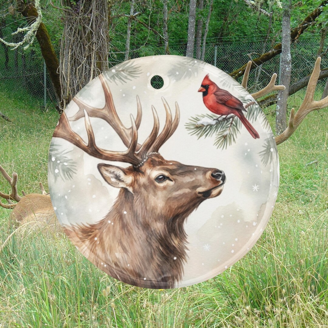 Watercolor Elk and Cardinal Ceramic Ornament | Winter Woodland Decor - Etsy