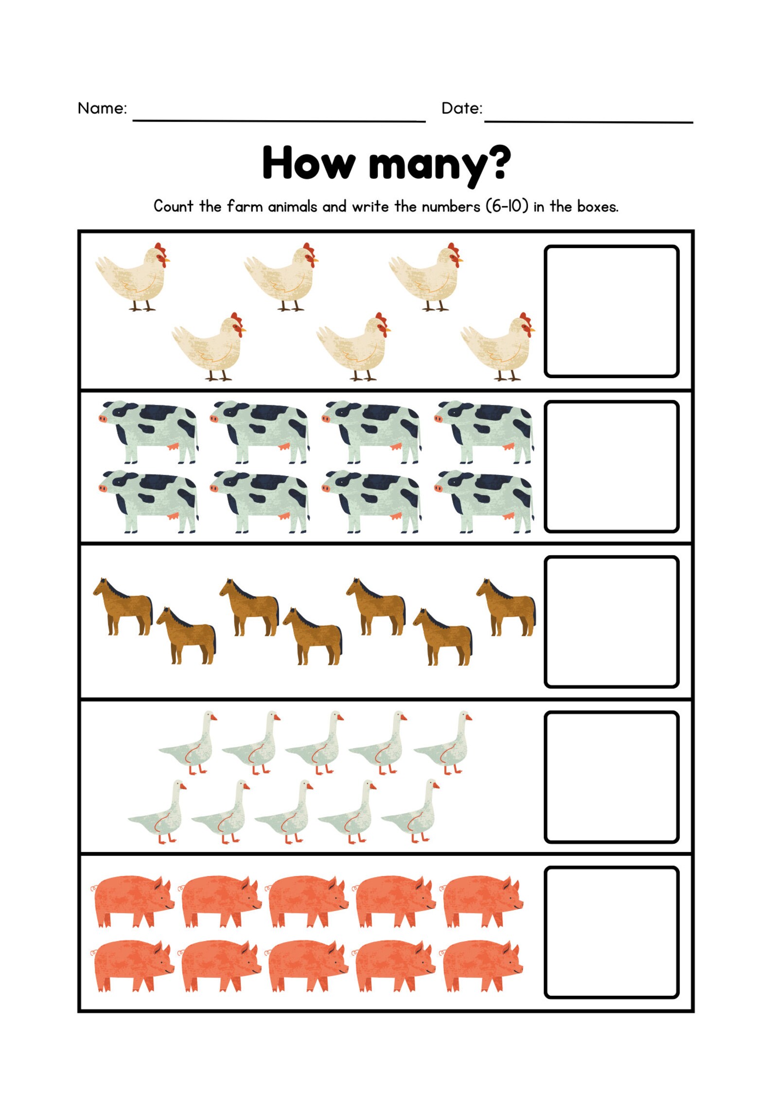 Count the Animals and Write the Numbers (1-10) in the Boxes. - Etsy