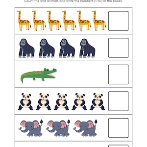 Count the Animals and Write the Numbers (1-10) in the Boxes. - Etsy