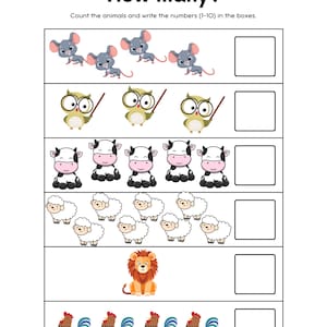Count the Animals and Write the Numbers (1-10) in the Boxes. - Etsy
