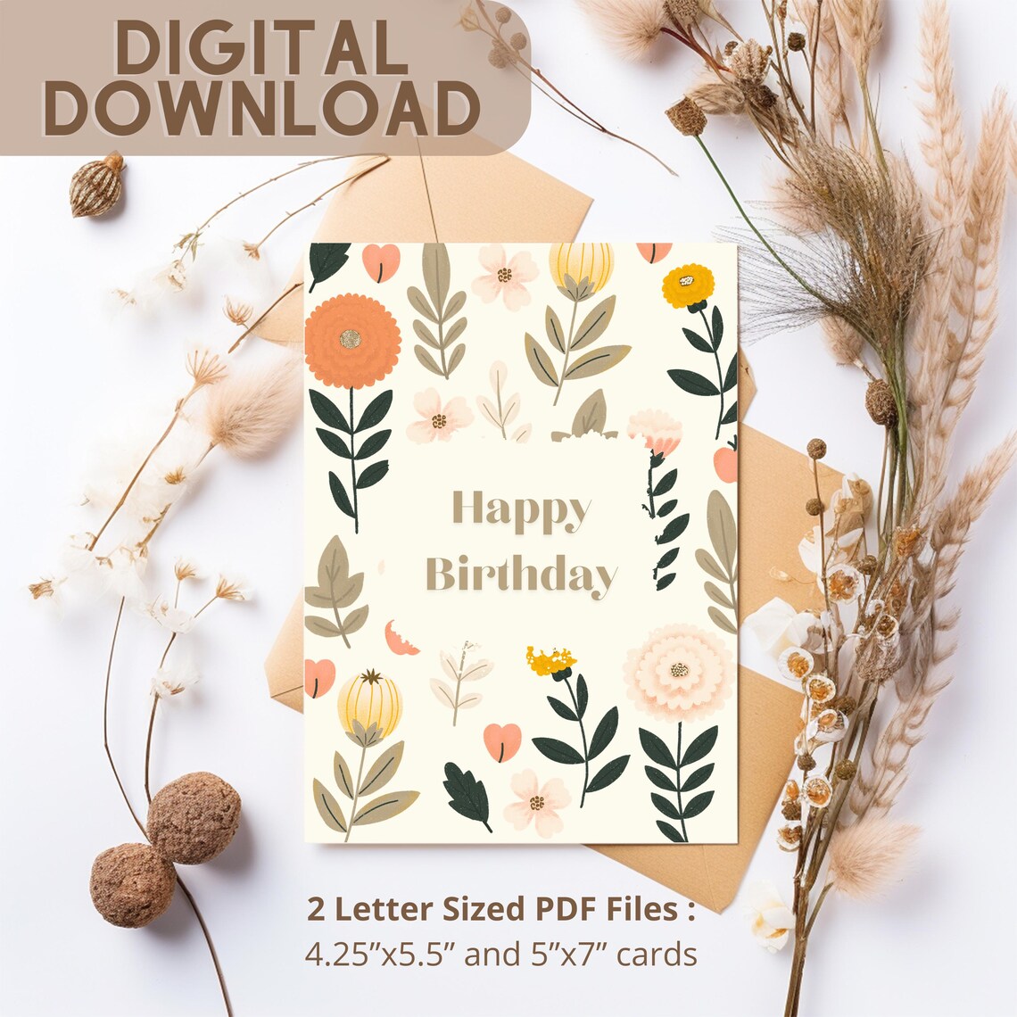 Printable 4.25x5.5 and 5x7 Autumn Love Bouquet Birthday Card Instan ...