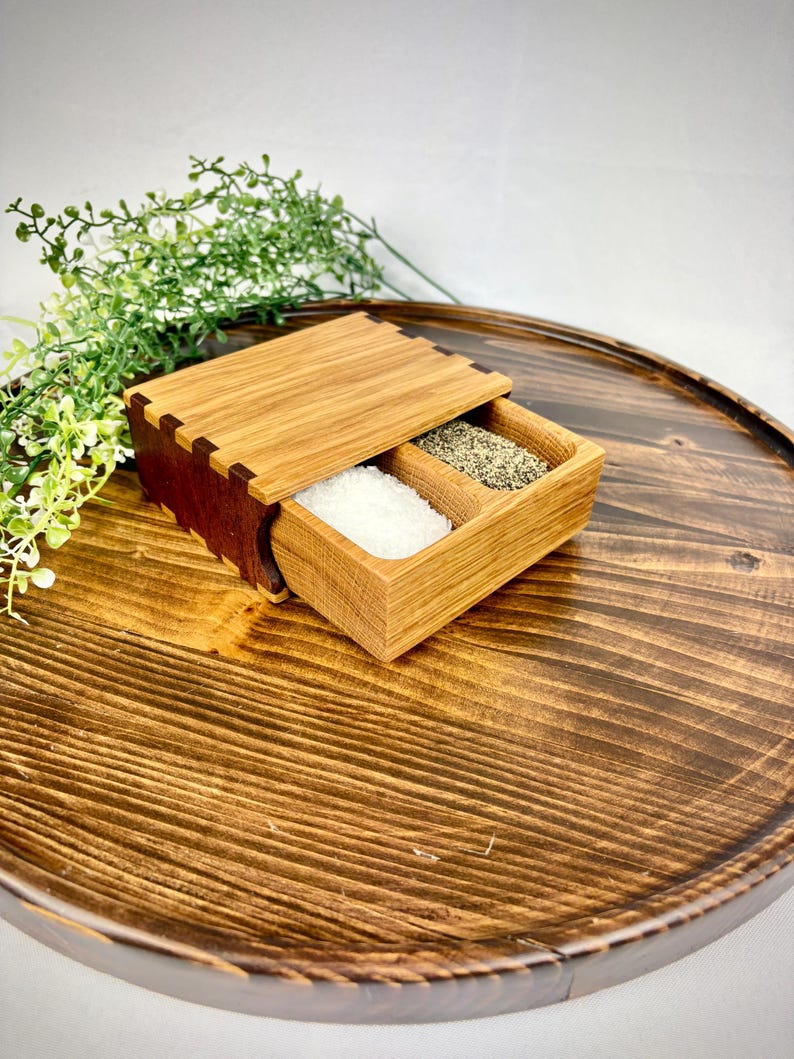 Handmade Oak and Mahogany Salt & Pepper Box – Dual Compartment Sliding ...