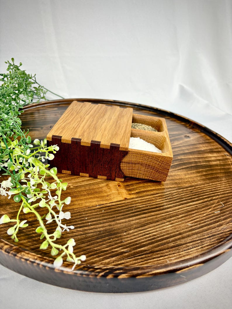 Handmade Oak and Mahogany Salt & Pepper Box – Dual Compartment Sliding ...