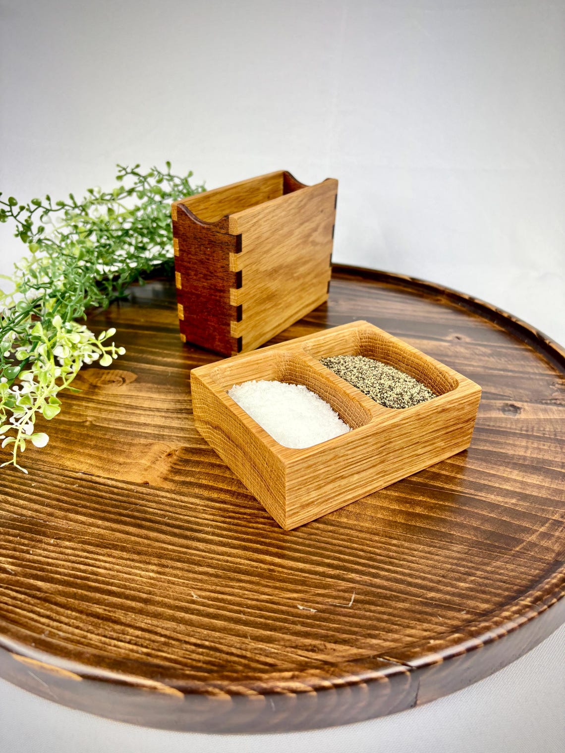 Handmade Oak and Mahogany Salt & Pepper Box – Dual Compartment Sliding ...