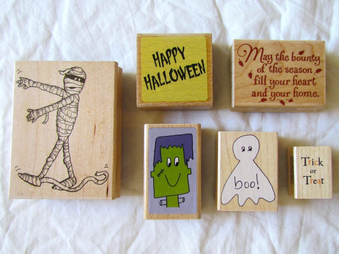 Set of 6 HALLOWEEN FALL Rubber Stamps Wood Mounted Destash Supplies ...