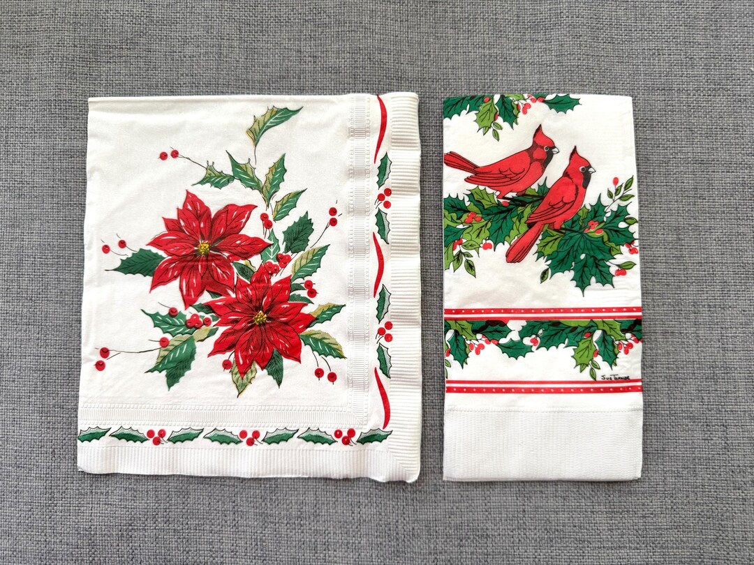 Set of 2 Vintage Christmas Paper Napkins - Poinsettias, Holly ...