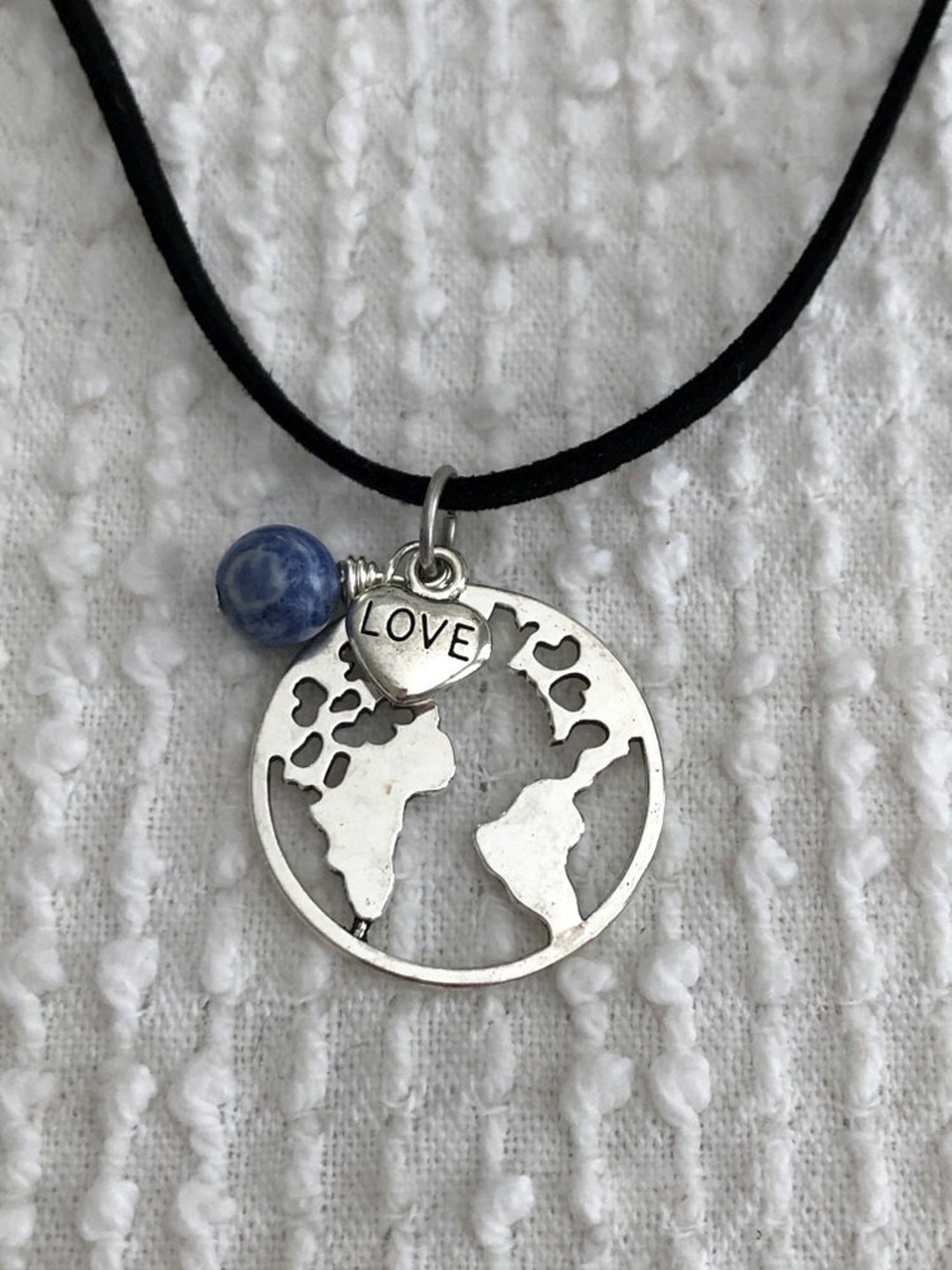 Earth Pendant Necklace - Silver Earth Pendant With Heart and Blue ...