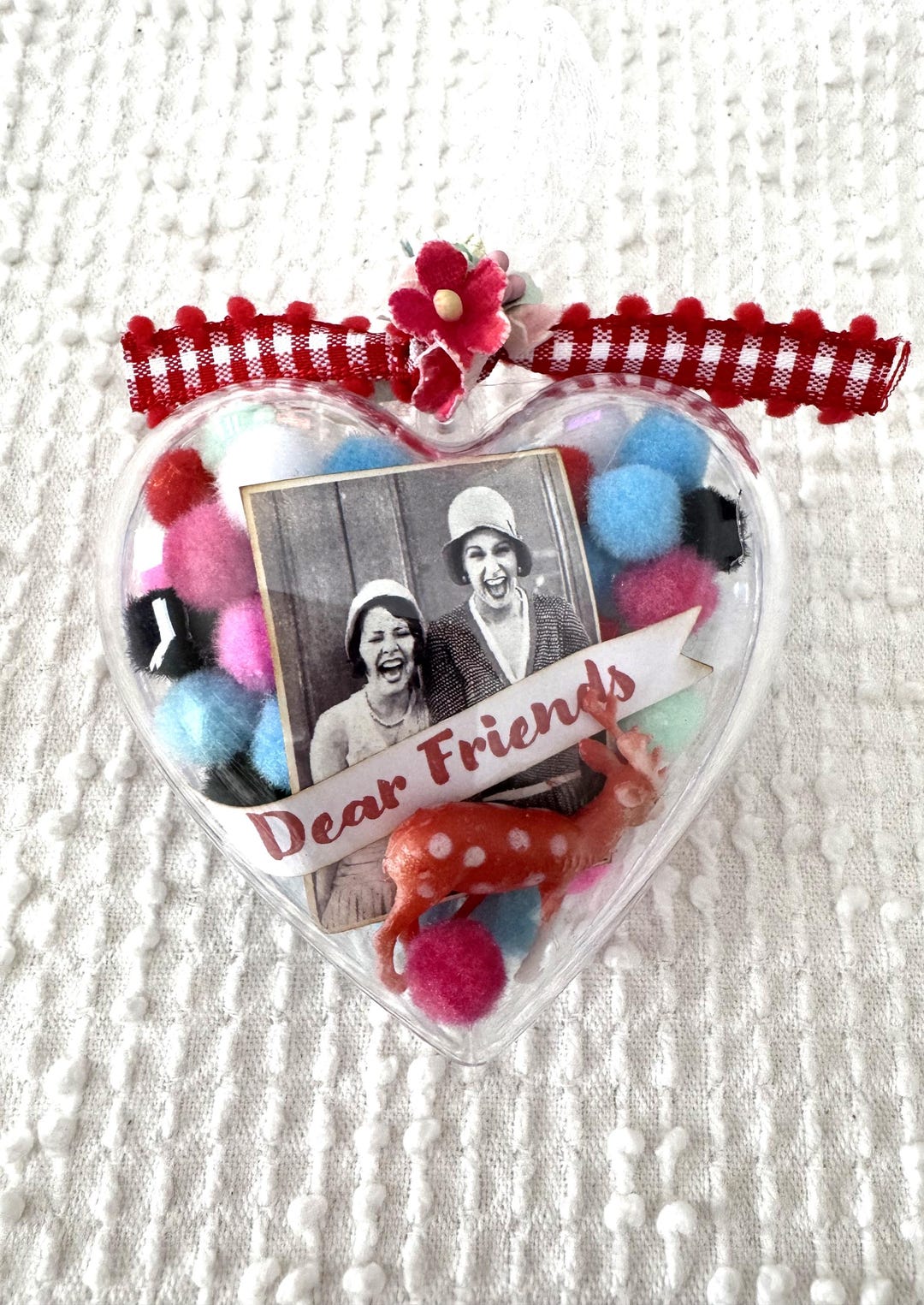 Heart Ornament With Fun Vintage Image of Friends, Pom Poms, Tiny Deer ...
