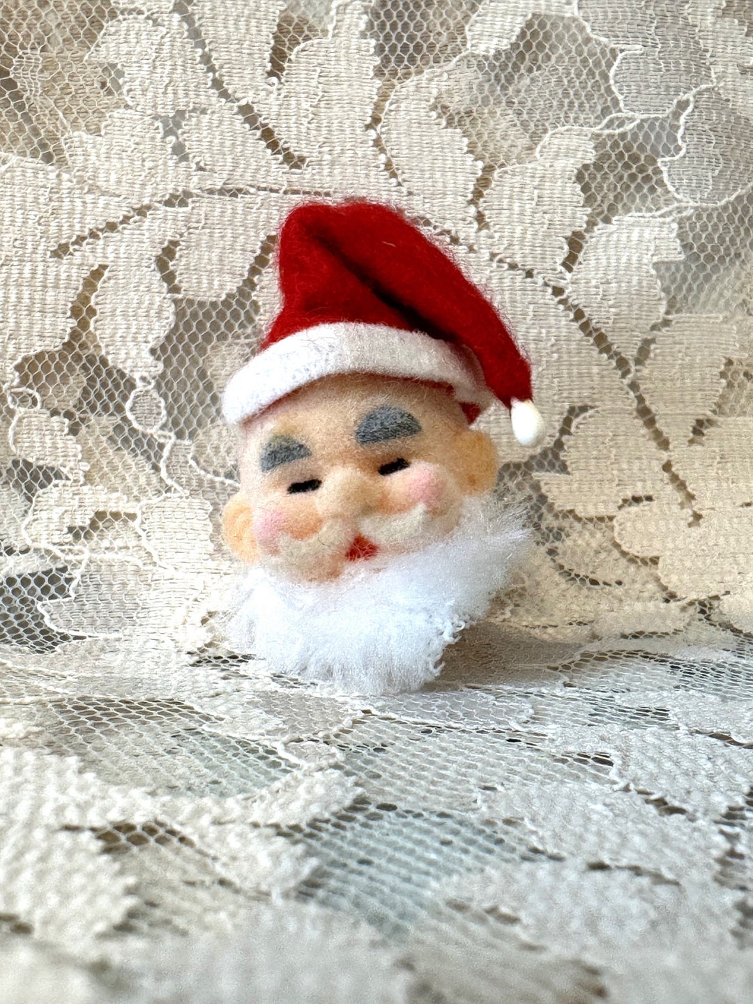 Vintage Santa Head Tack Pin Brooch - Fun Flocked Santa Head With Felt ...