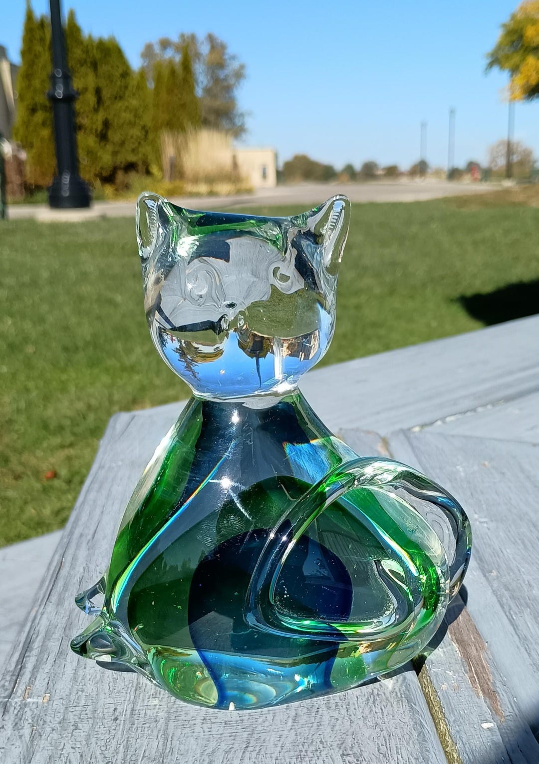 Green and Blue Cat. Art Glass Cat Paperweight. - Etsy