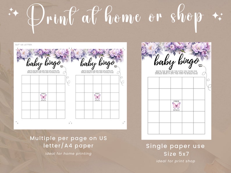 Purple Butterfly Bingo Card for Baby Shower, Butterfly Shower Game ...