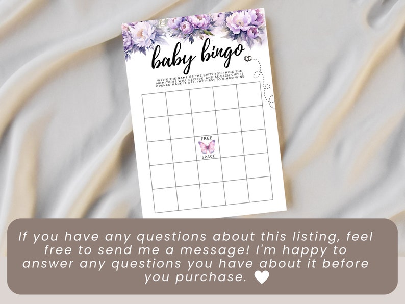 Purple Butterfly Bingo Card for Baby Shower, Butterfly Shower Game ...