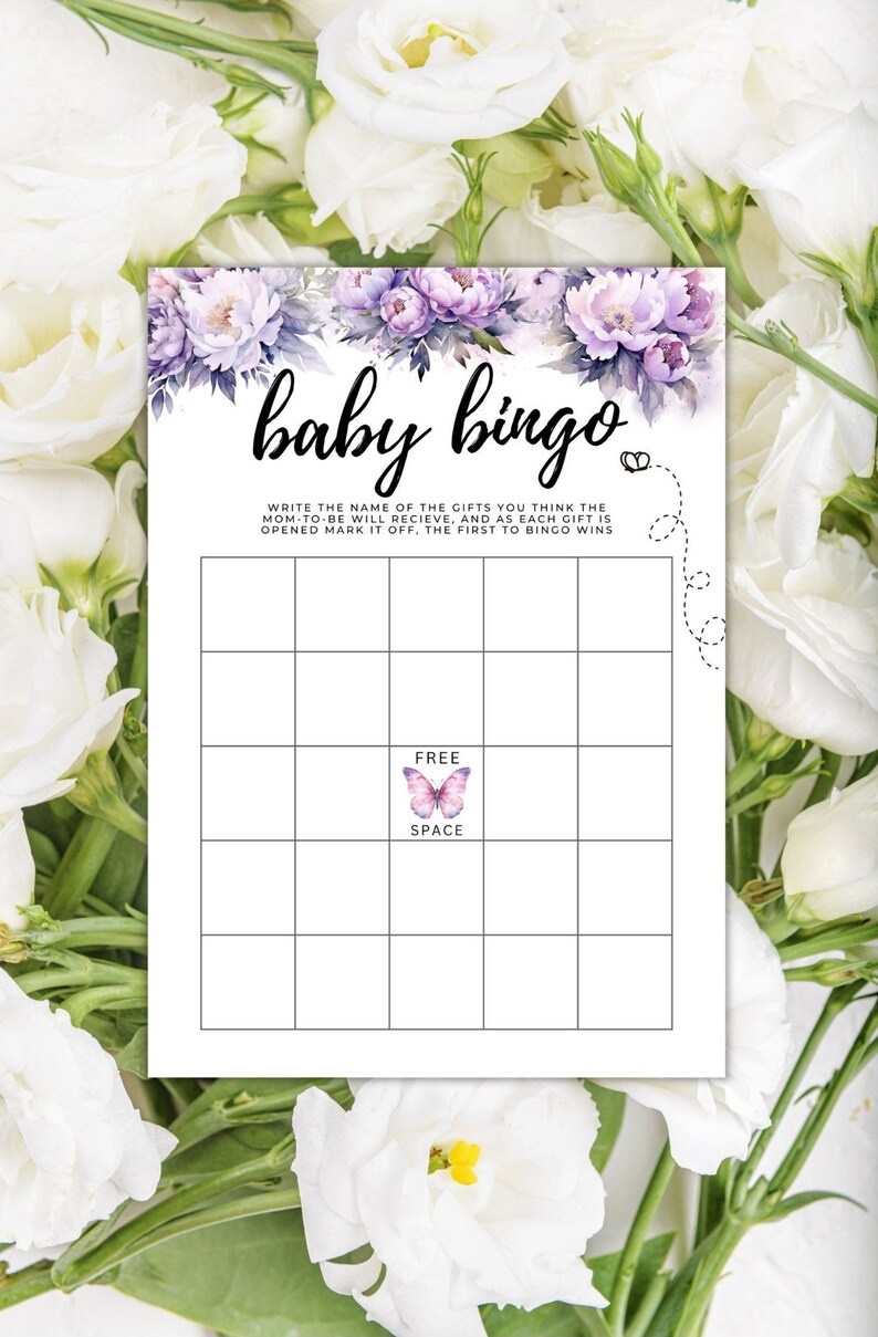 Purple Butterfly Bingo Card for Baby Shower, Butterfly Shower Game ...