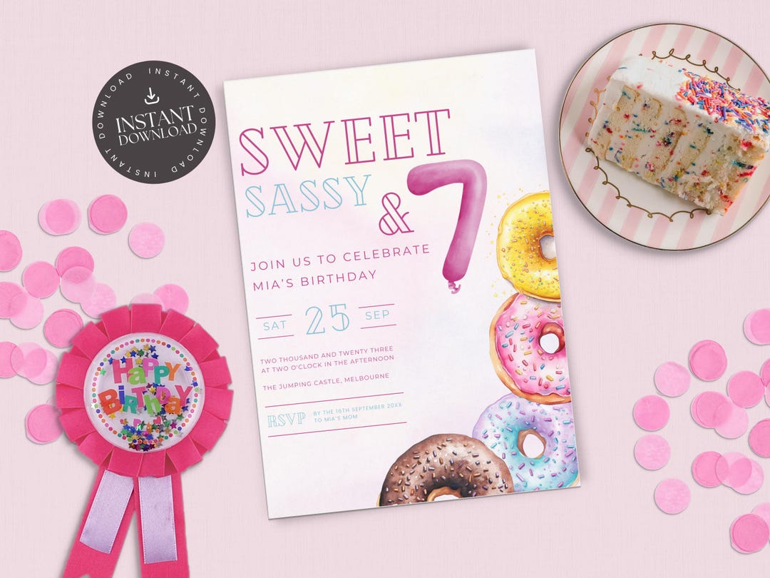 EDITABLE Sweet and Sassy Seven Birthday Invitations, Girl 7th Birthday ...