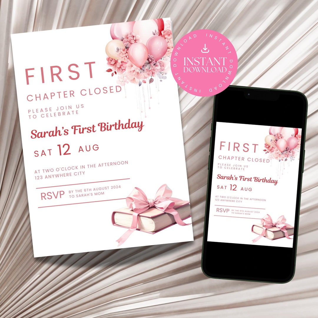 Editable First Chapter Birthday Invite, Library Theme Party Invite, One ...