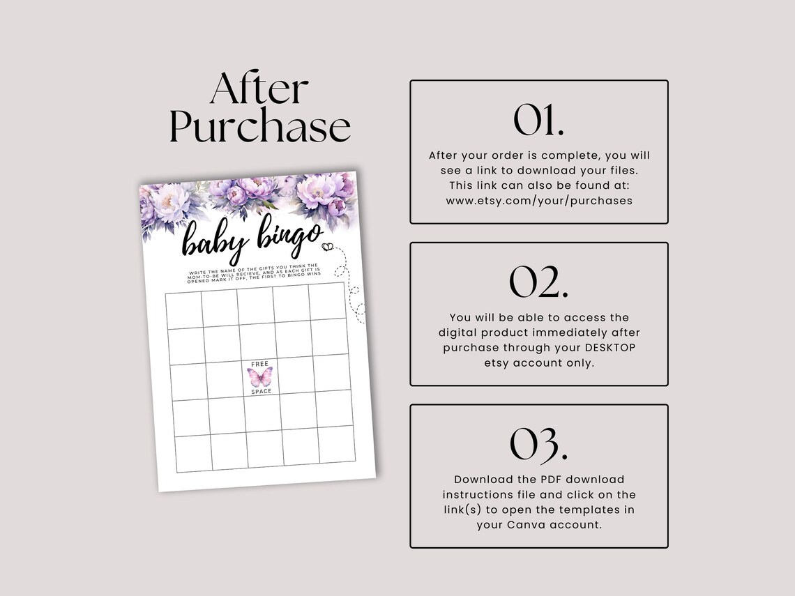 Purple Butterfly Bingo Card for Baby Shower, Butterfly Shower Game ...