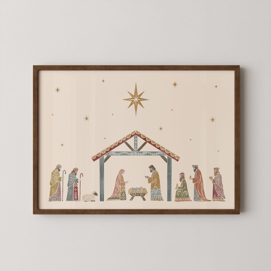 Colorful Whimsical Nativity Scene Wall Art | Christmas Manger Print ...
