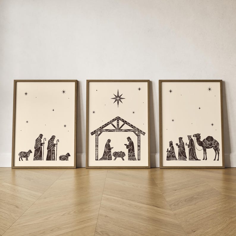 Minimal Christian Nativity Scene Print Set | Neutral Christmas Decor ...