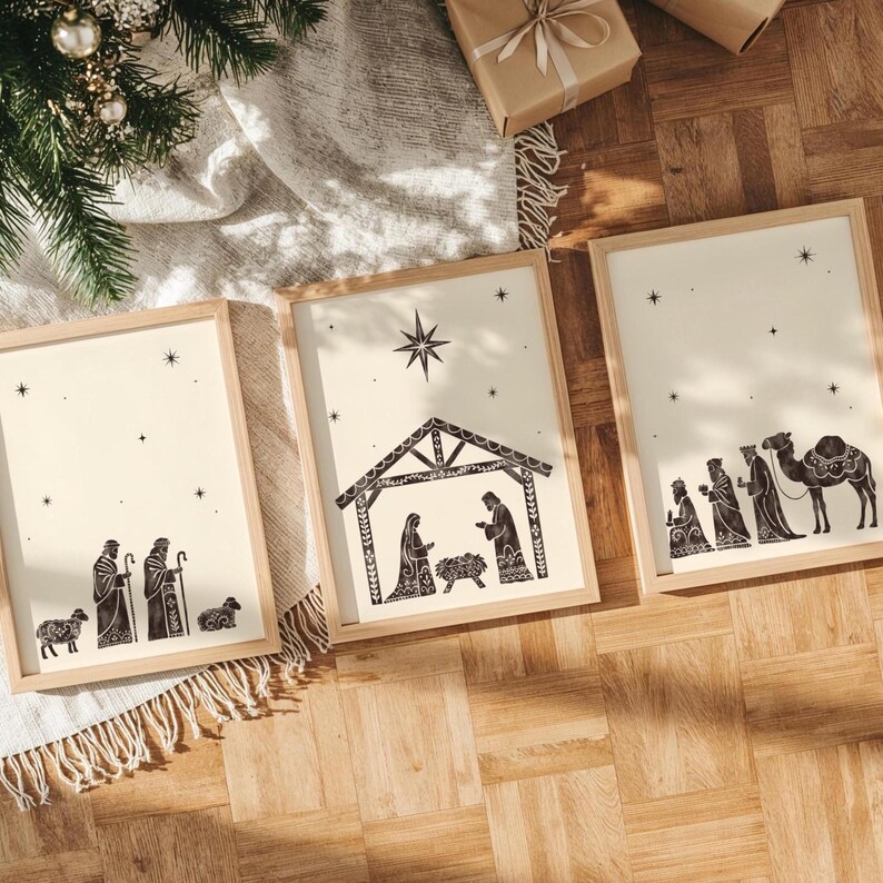 Minimal Christian Nativity Scene Print Set | Neutral Christmas Decor ...