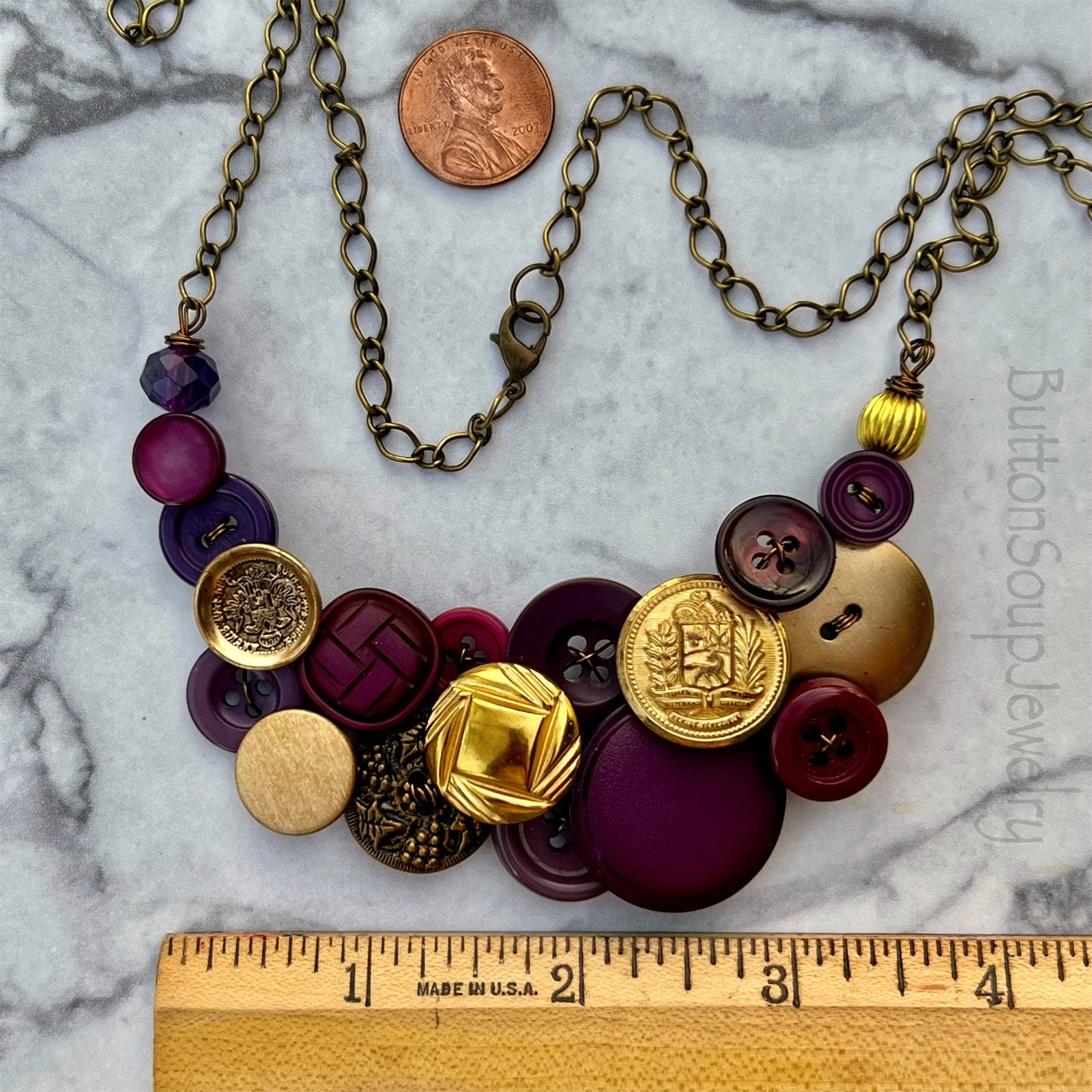 Long Statement Button Necklace Gold Brass and Purples - Etsy