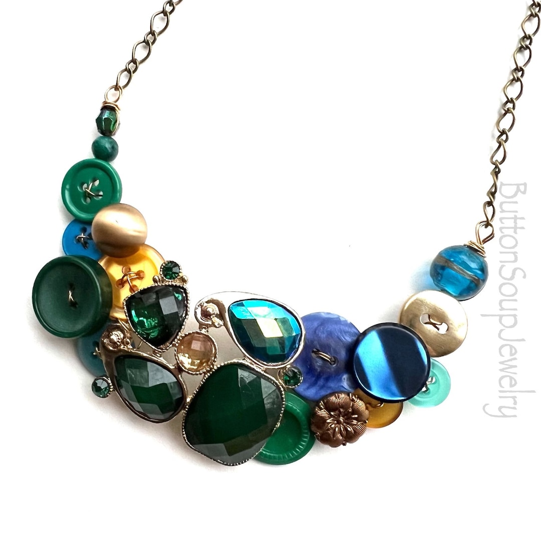 Blue Green Jewel Cool Colors Statement Jewelry Necklace With Repurposed ...